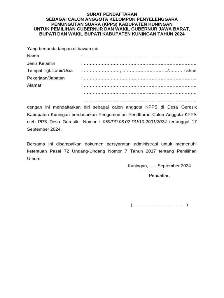 Format Surat Pendaftaran KPPS Kab. Kuningan | PDF