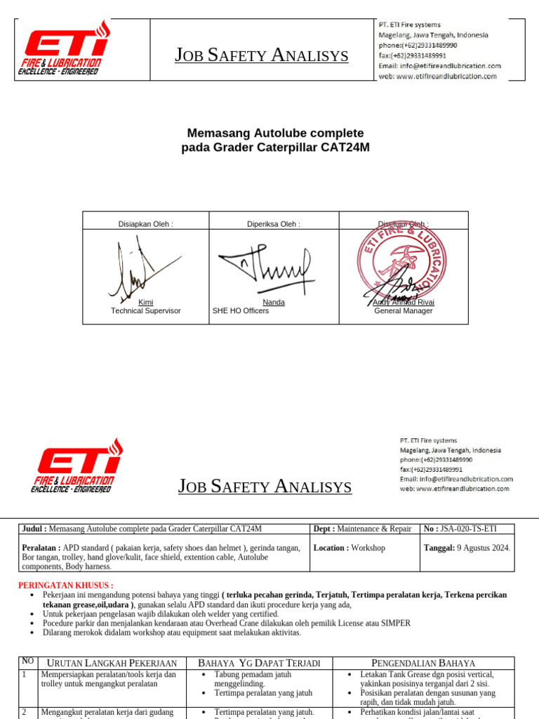 JSA-20 Installasi AUTOLUBE CAT 24 M | PDF