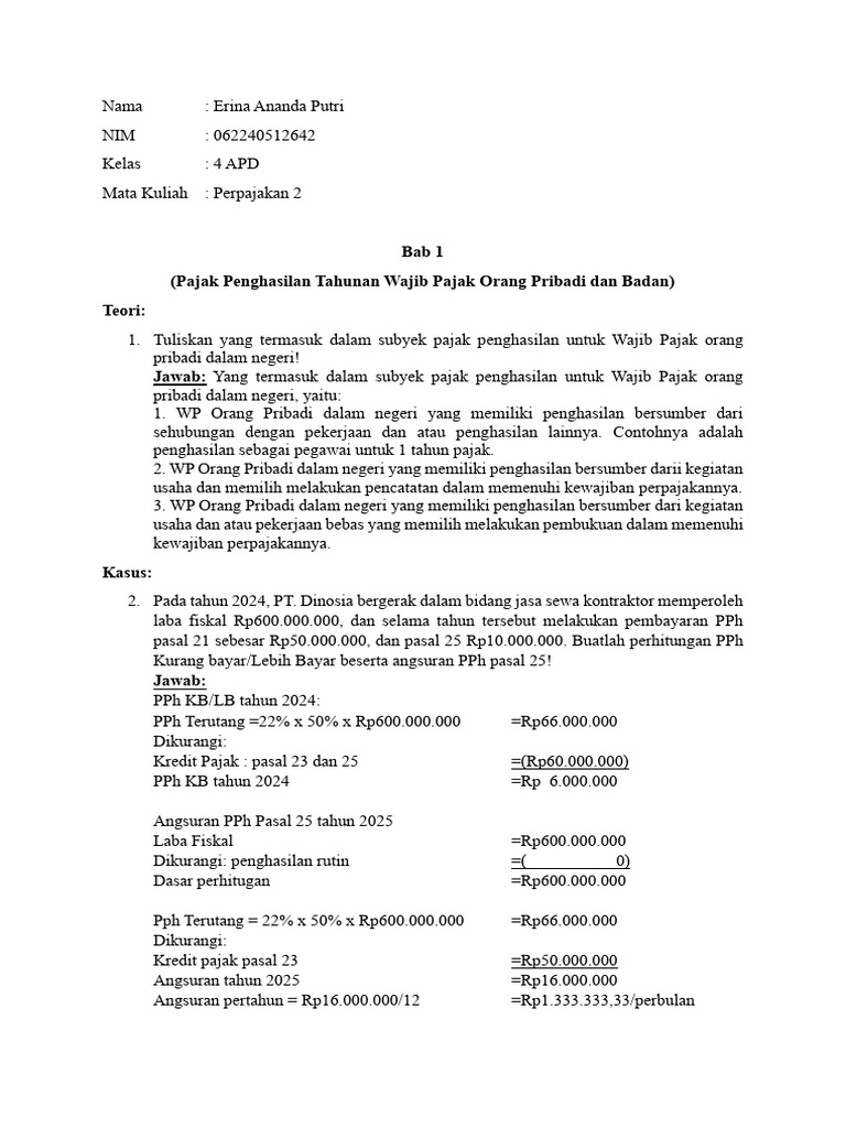 Tugas Akhir Perpajakan 2 (Erina Ananda Putri 4APD) | PDF