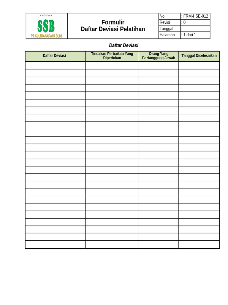 FRM-HSE-012 Daftar Deviasi | PDF
