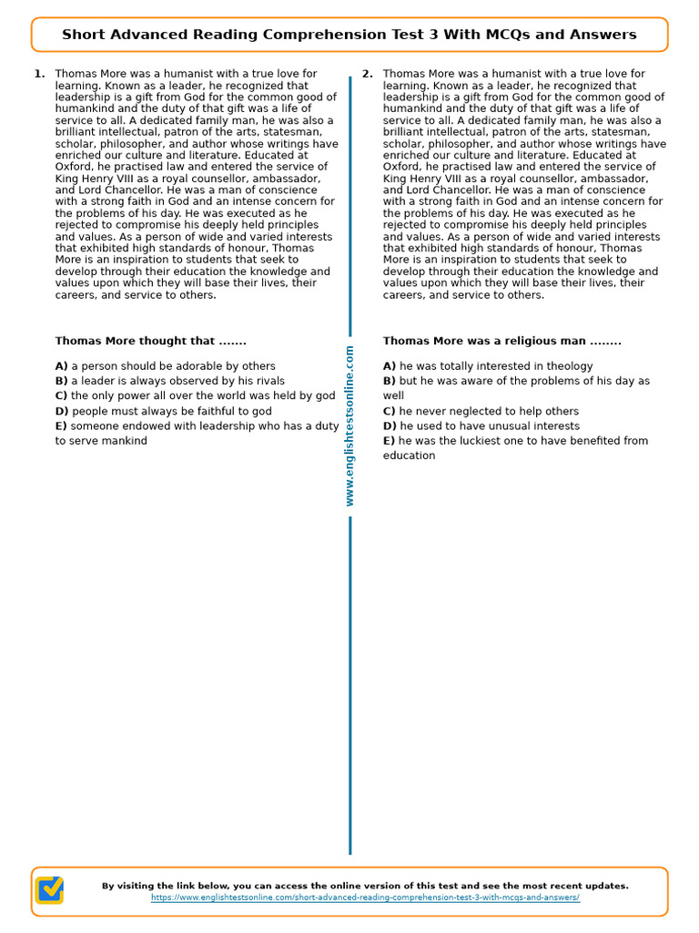 846 Short Advanced Reading Comprehension Test 3 With Mcqs and Answers | PDF