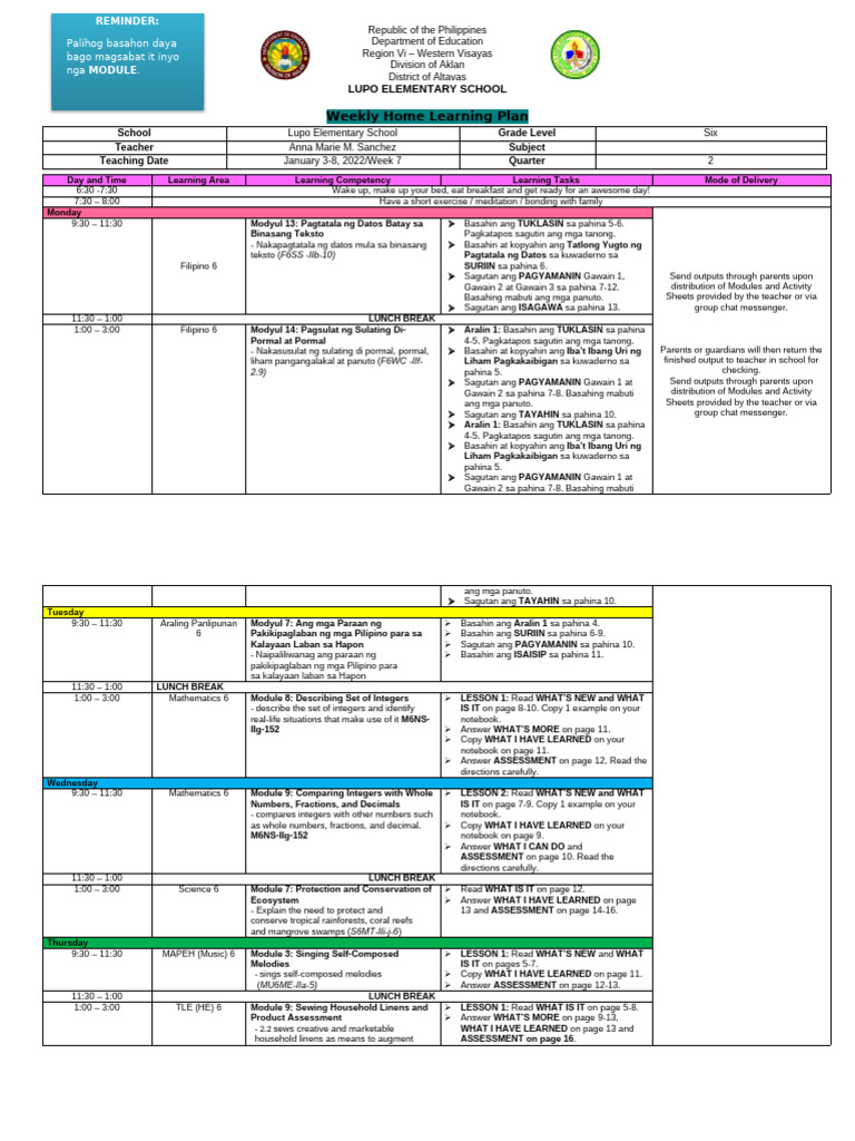 Q2W7 Weekly Home Learning Plan | PDF