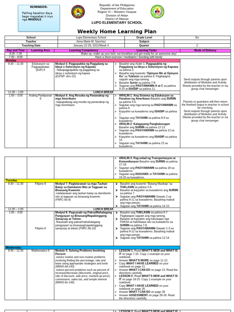 Q2W4 Weekly Home Learning Plan | PDF