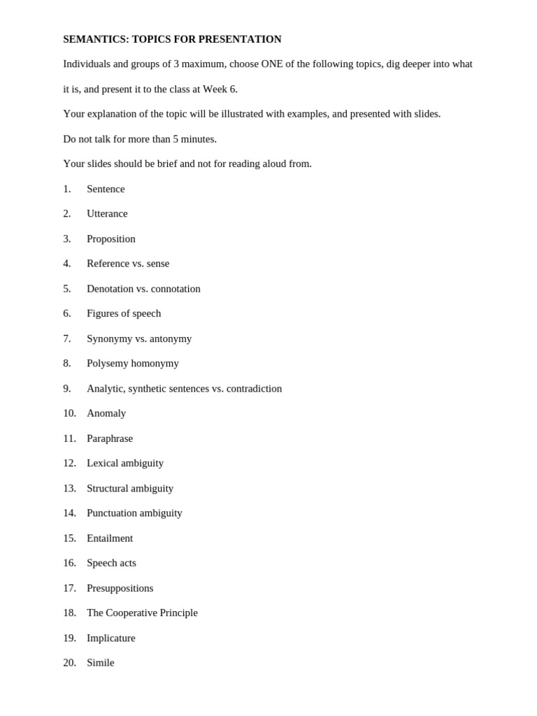 SEMANTICS Topics For Presentation | PDF