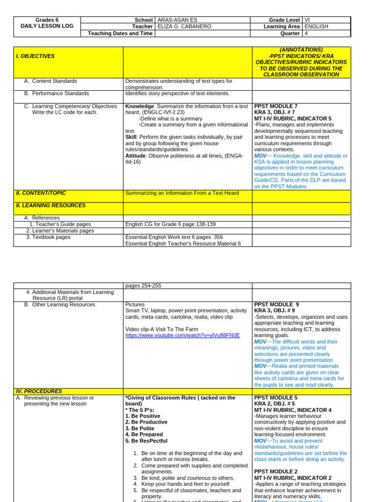 Cot - DLP English 6 - Summarizing Information | PDF