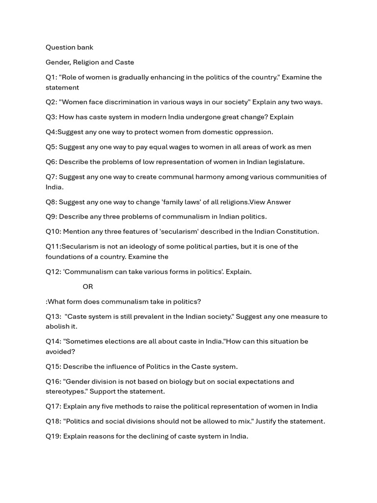Gender , Religion and Caste(Questions) | PDF
