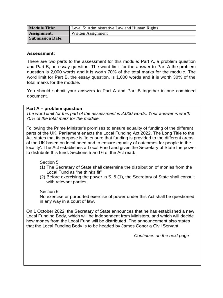 Admin Law Assessment Question - Resit 2023 | PDF