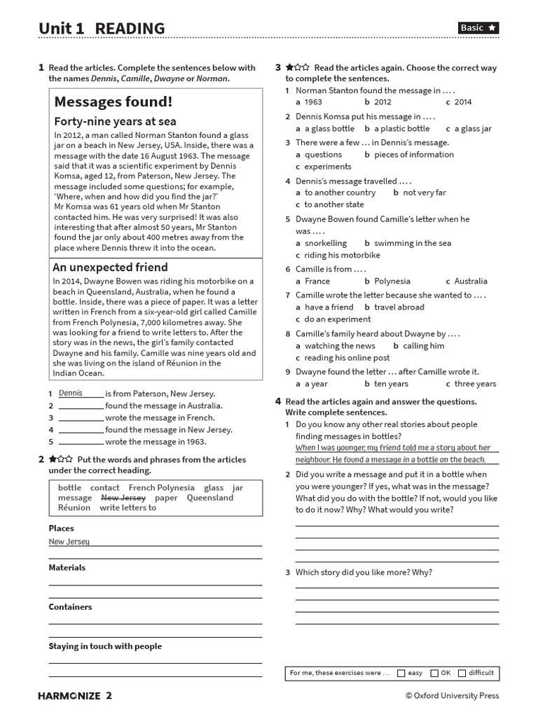 Harmonize 2 TRM Reading Unit 1 Worksheets | PDF