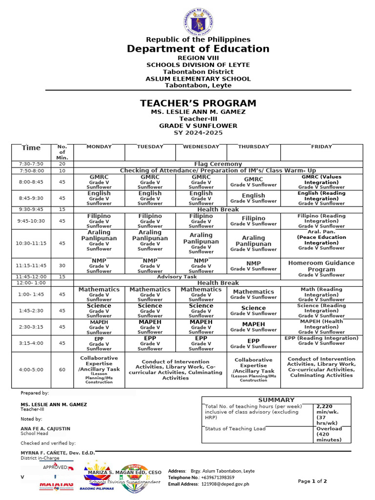 Grade V Teacher Program 2024-2025 | PDF