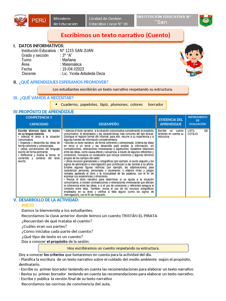 D3 A2 SESION COM. Escribimos Un Texto Narrativo (Cuento) | PDF
