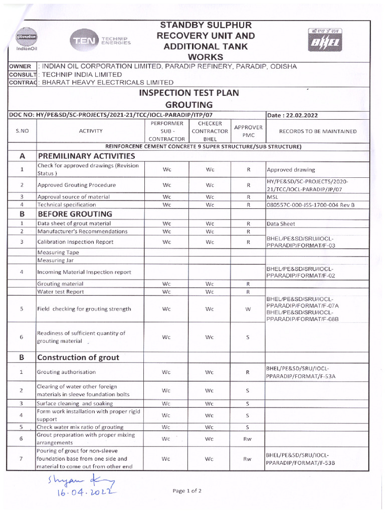 ITP for GROUTING | PDF