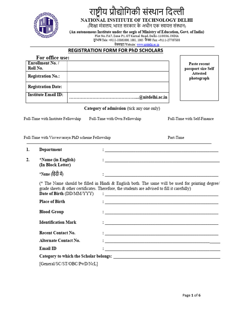 1 PHD Form - I A Registration Form For Ph.D. Scholars 1 | PDF