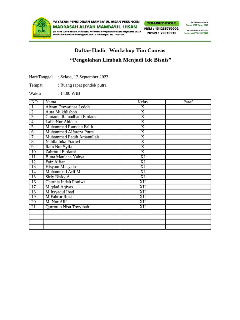 Daftar Hadir Workshop Team Canva | PDF