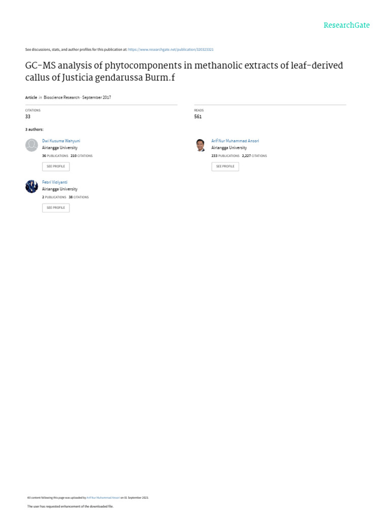 GC-MS Analysis of Phytocomponents in Methanolic Extracts of Leaf-Derived Callus of Justicia ...