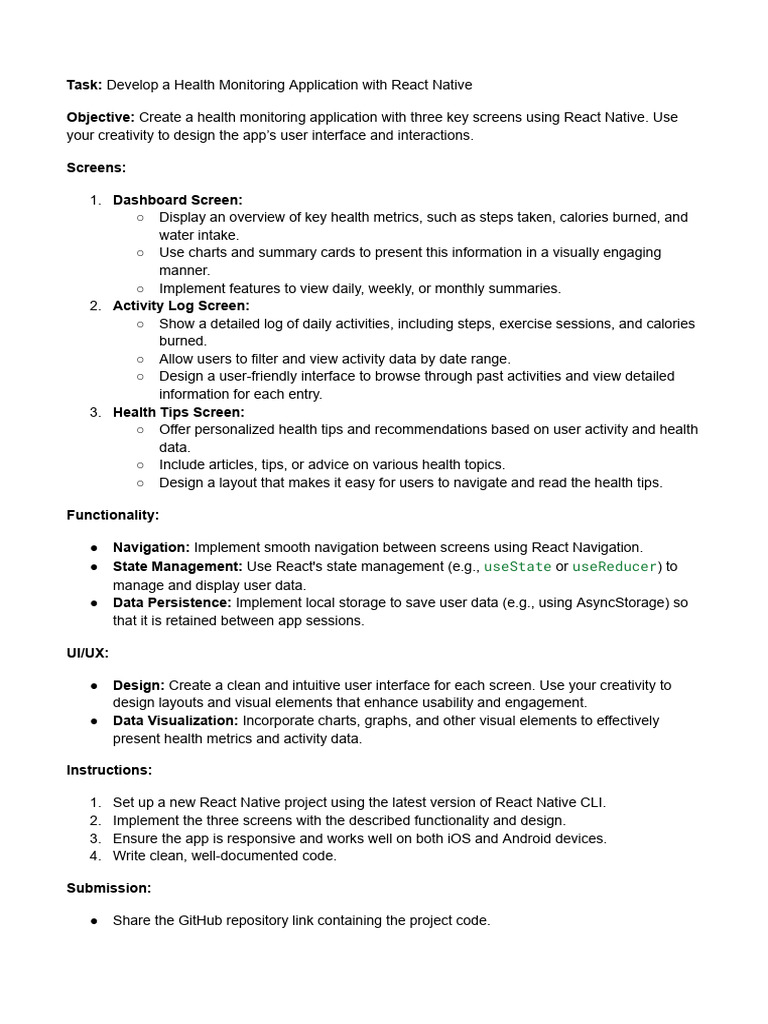 Task Develop A Health Monitoring Application With React Native Pdf 5859