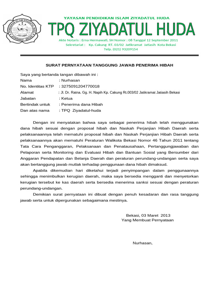 Surat Pernyataan Pertanggung Jawaban TPQ | PDF