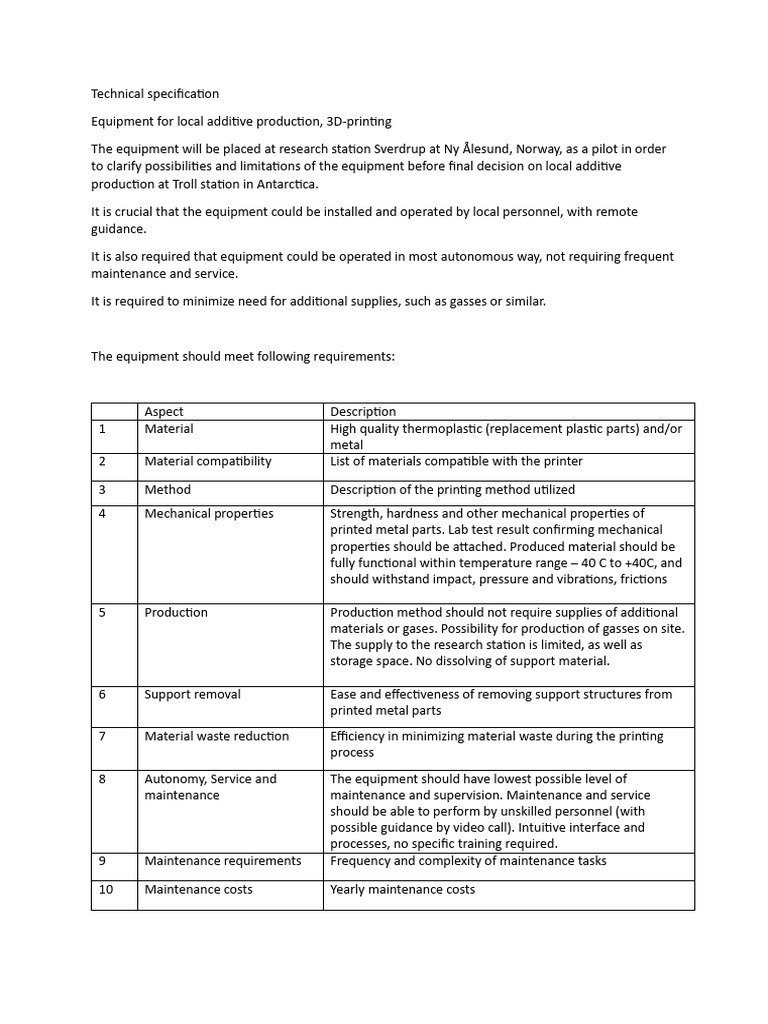 Technical Specification 3D Printer Final | PDF
