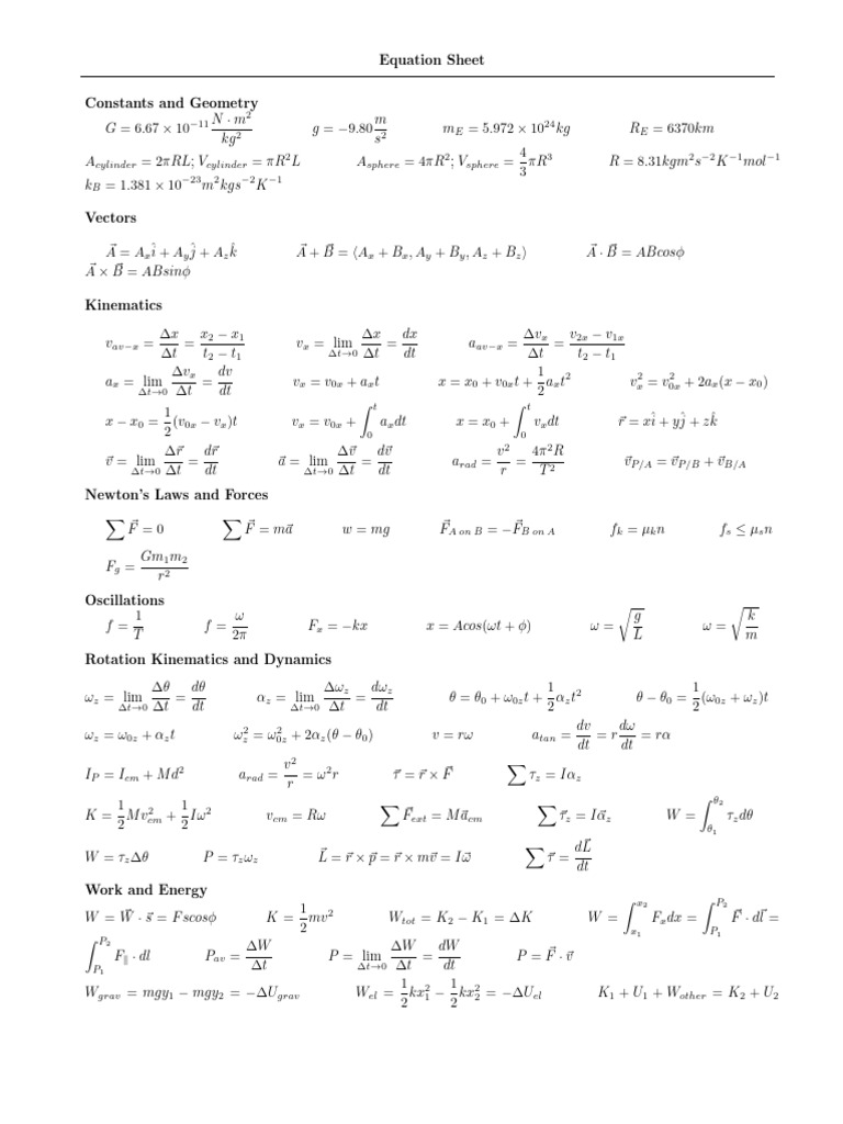 P33L Equation Sheet FINAL | PDF