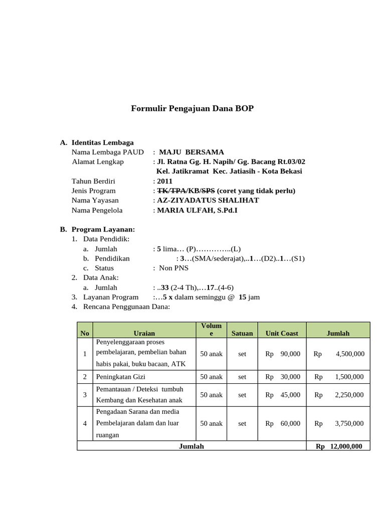 Formulir Pendaftaran Dana BOP April 2012 PAUB MB | PDF