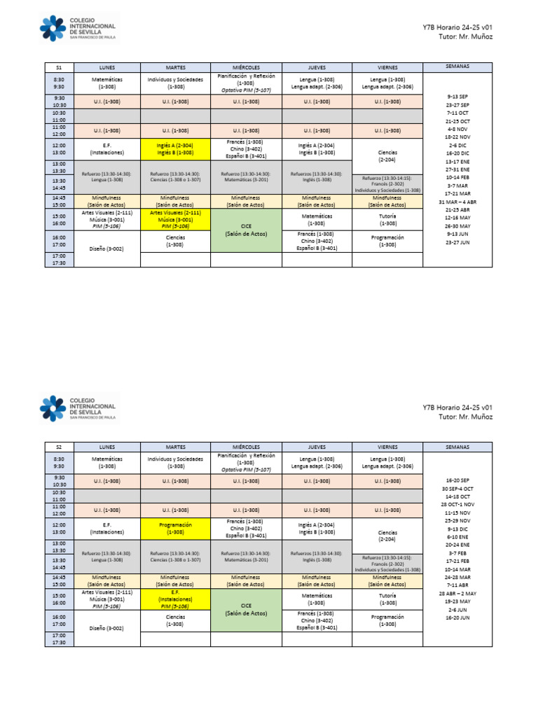 Y7B 2024-25 Horario - v01 | PDF