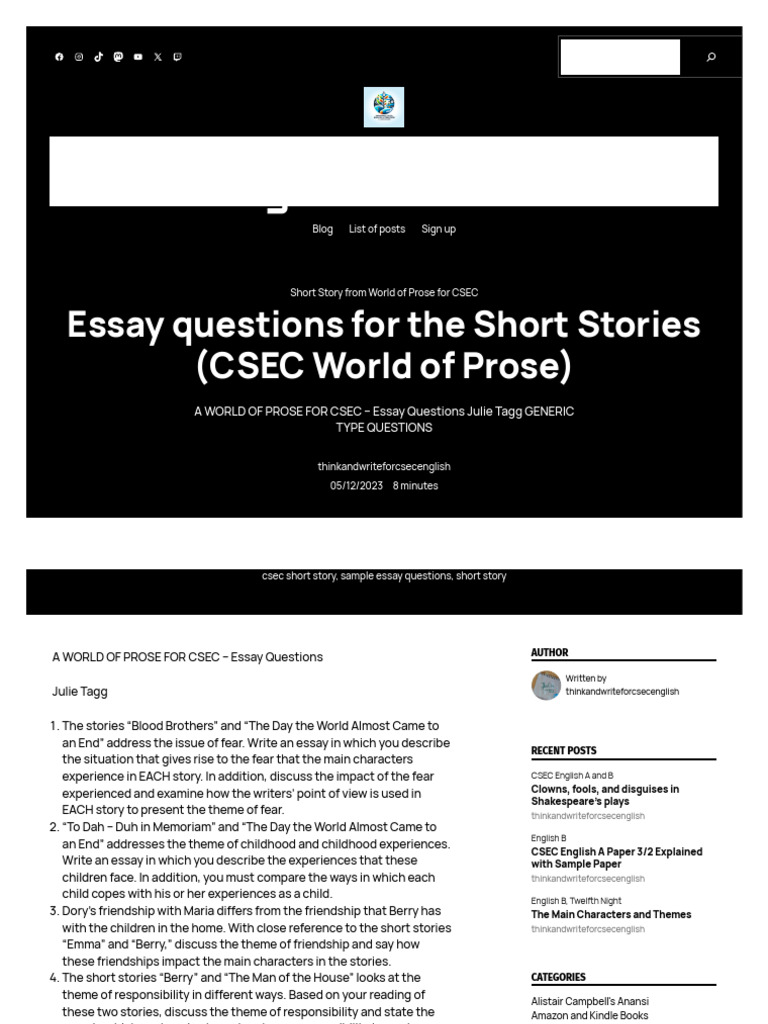 Essay Questions For The Short Stories (CSEC World of Prose) - Think and Write For CSEC English A ...