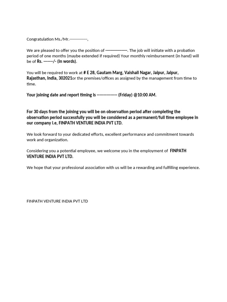 Permanent Offer Letter | PDF