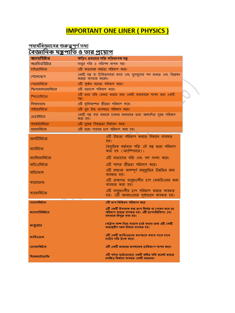 Important One Liner ( Physics ) | PDF