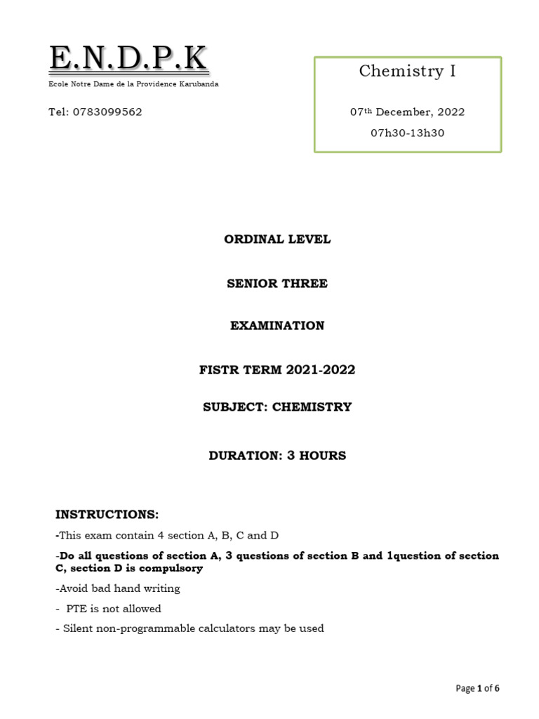 Exam Chem S3 1st Term 2022-2023 | PDF