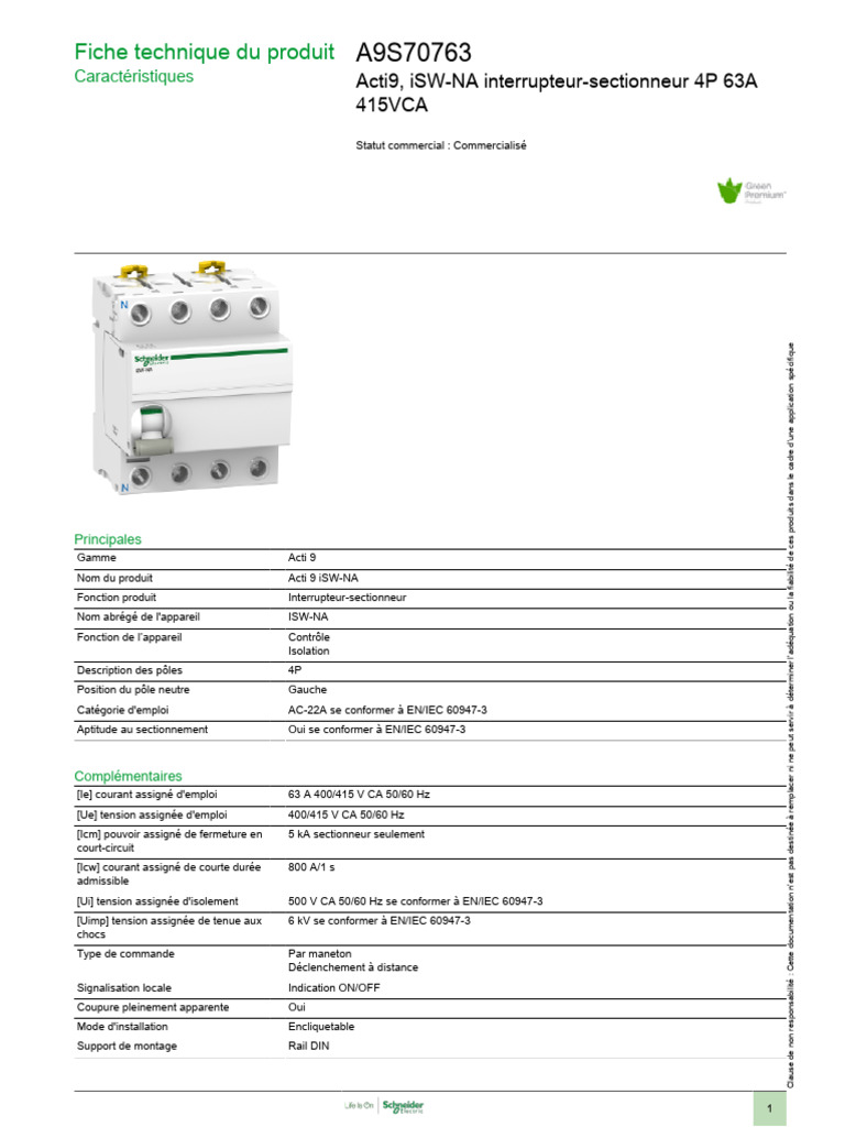 Acti 9 iSW-NA - A9S70763 | PDF