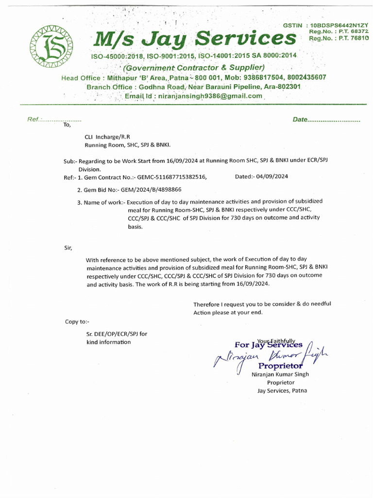 Work Start Letter RR SHC, SPJ & Bnki | PDF