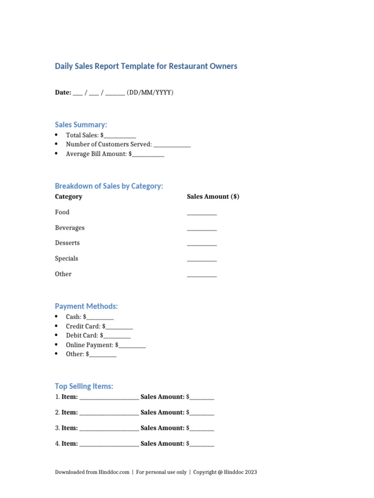 Daily Sales Report Template for Restaurants | PDF