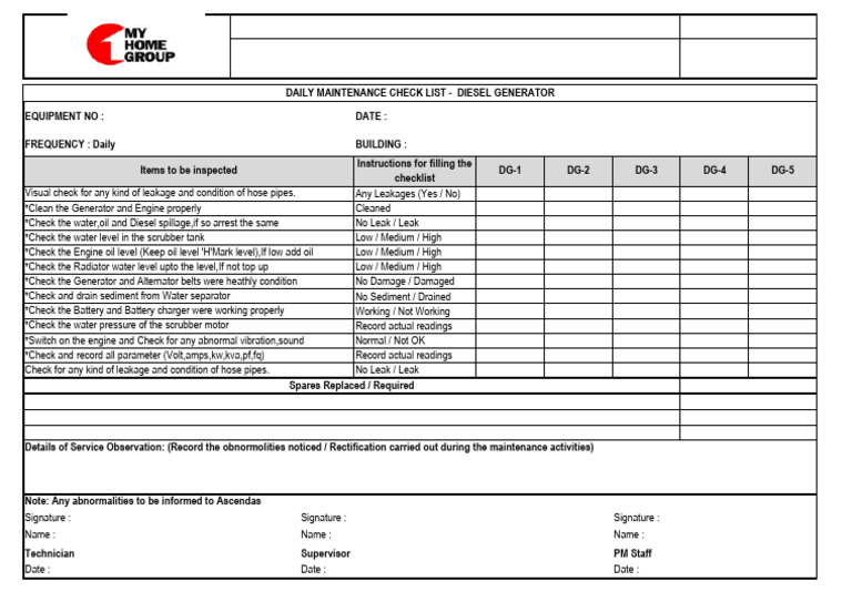 FM-PMD-10a-27 AI - DG MAINTENANCE CHECK LIST - DAILY | PDF