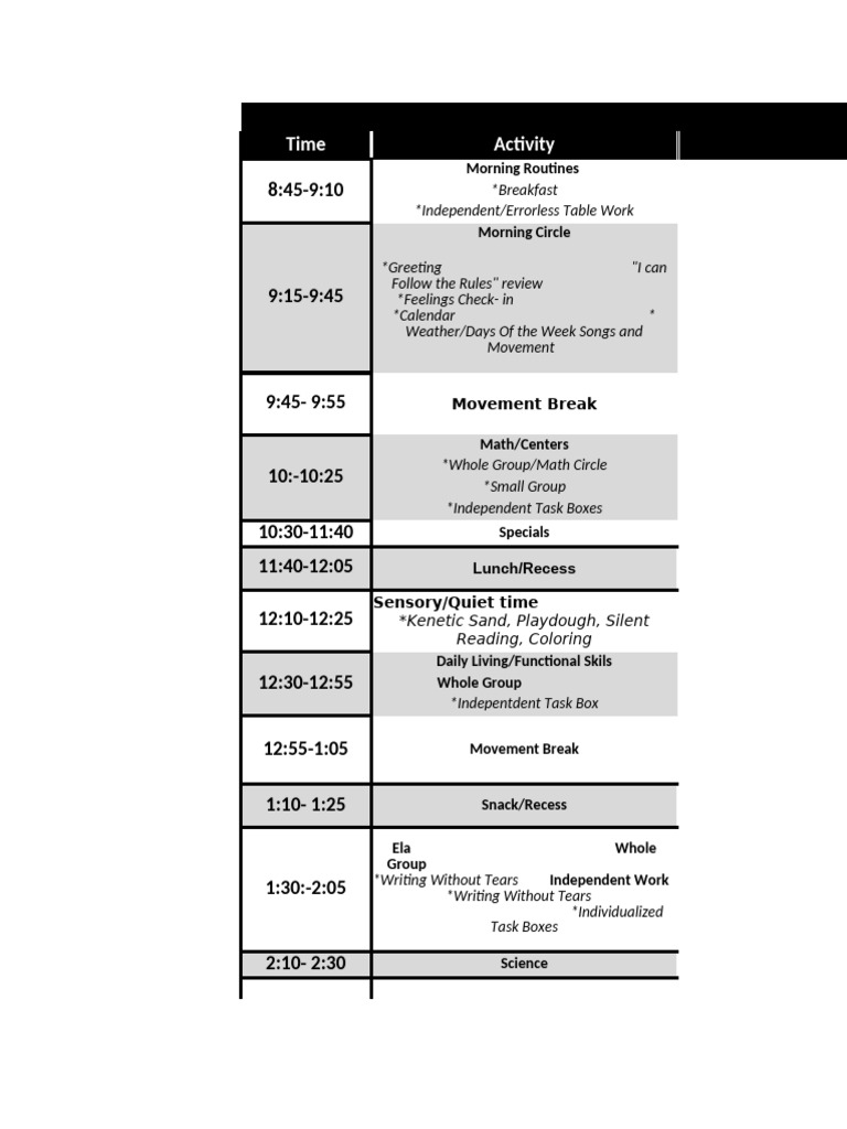 Hines ASC Daily Classroo Schedule | PDF | Human Development | Cognitive ...