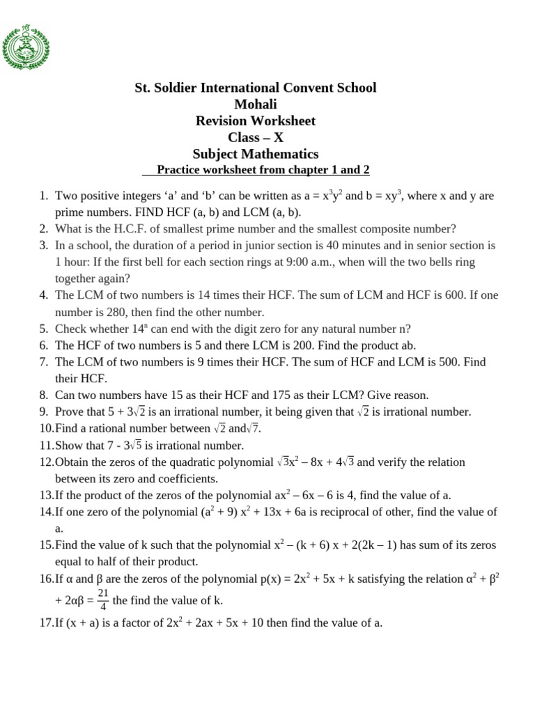 Worksheet Chapter 1 and 2 Class X | PDF