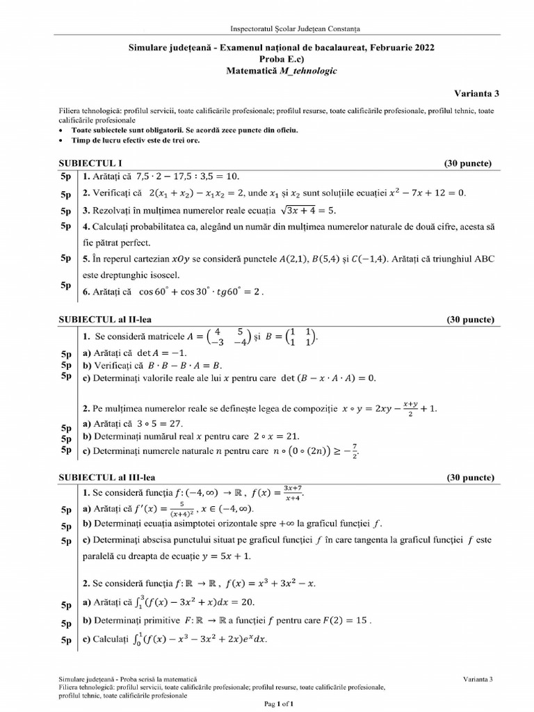 Sim BACfeb 2022 Constanta TEHNOv 3 | PDF