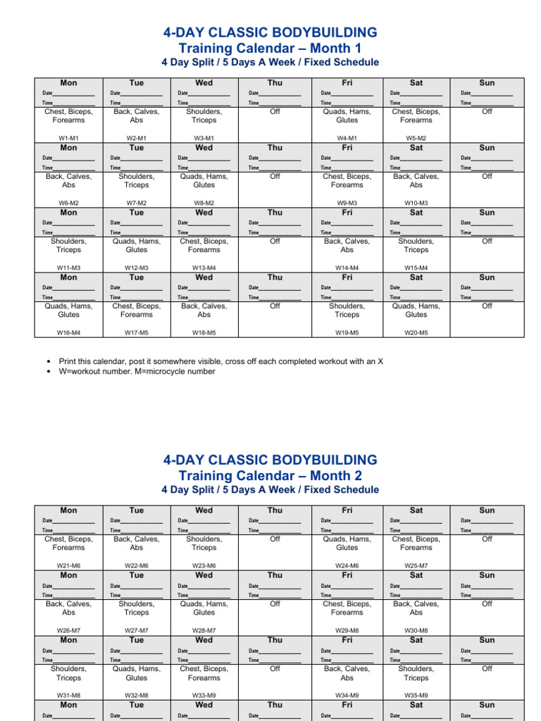 4 Day Classic Bodybuilding Calendar 5 Days Fixed PDF | PDF