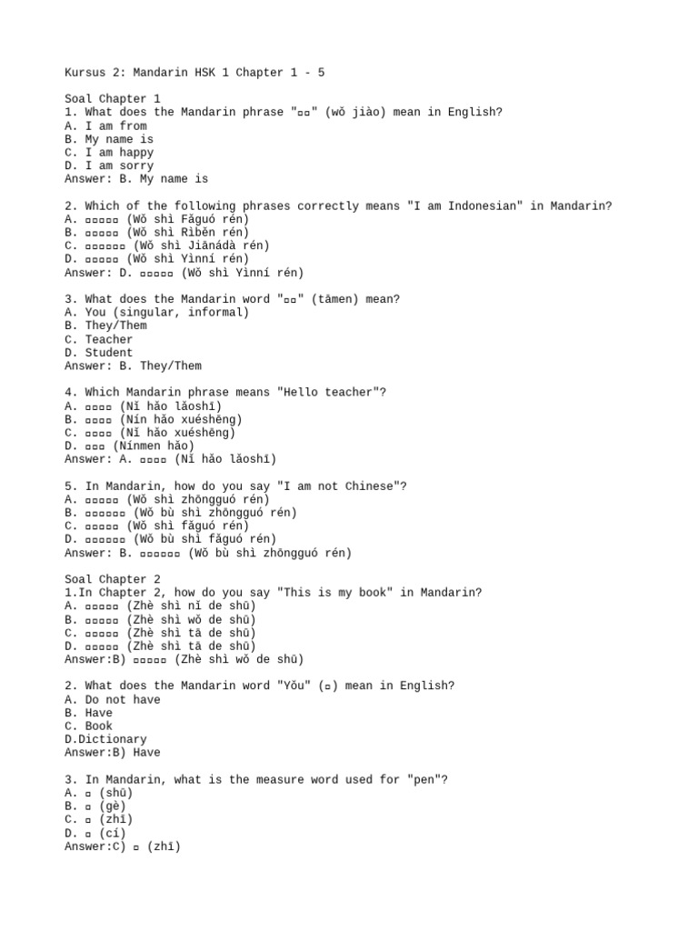 Soal Dan Jawaban Kursus 2 (Mandarin HSK 1 Chapter 1) | PDF