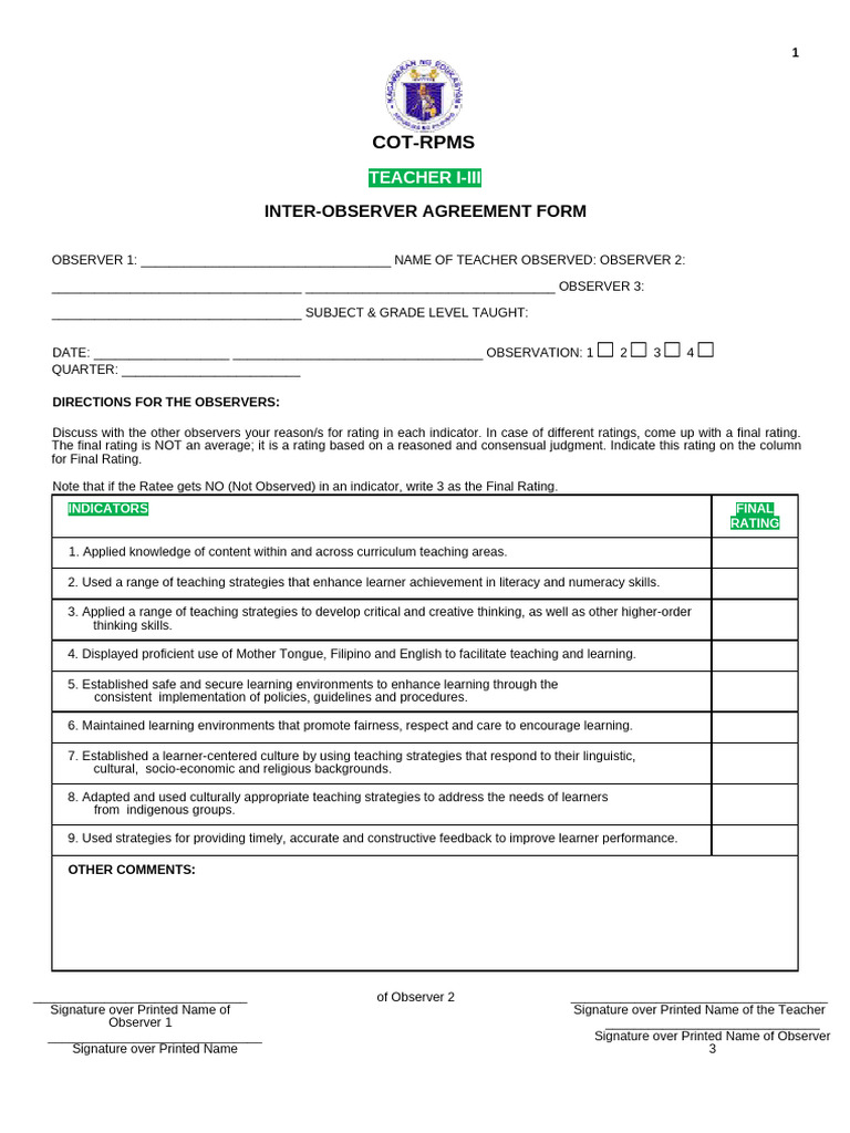 (Appendix C-10) COT-RPMS Inter-Observer Agreement Form For T I-III For ...