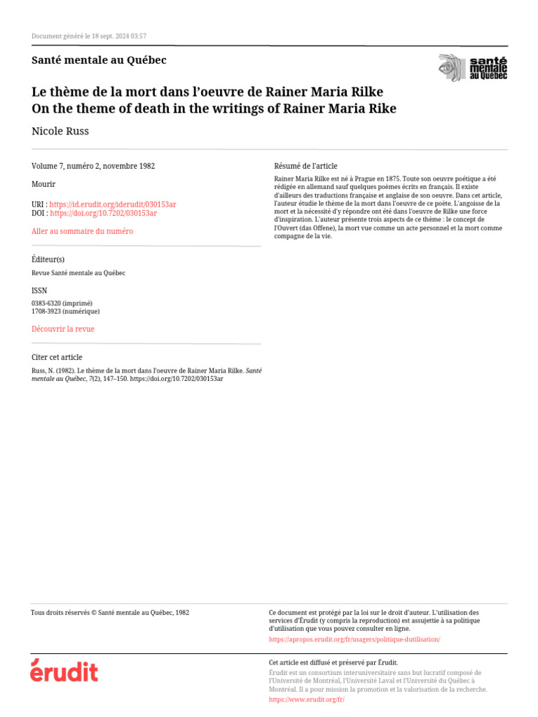 Le Thème de La Mort Dans L'oeuvre de Rainer Maria Rilke On The Theme of ...