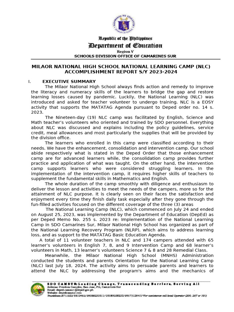 2024 NLC Milaor Nhs Accomplishment Report | PDF