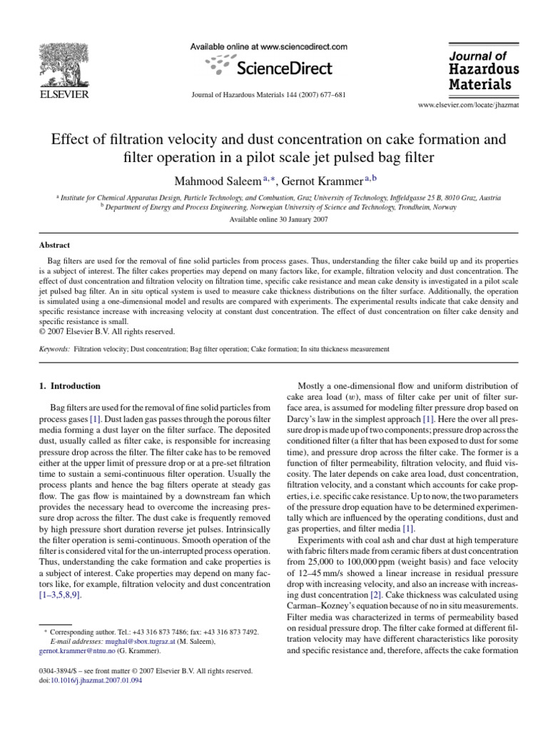 Effect of Filtration Velocity and Dust Concentration On Cake Formation | PDF | Filtration ...