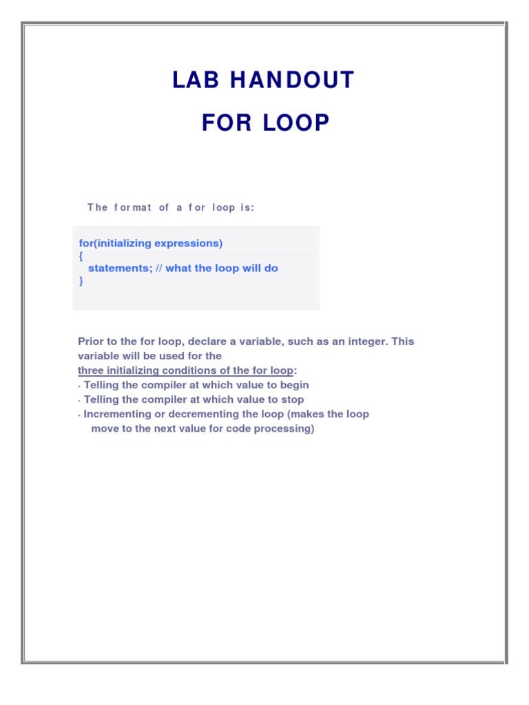 Lab H An Dout For Loop: For (Initializing Expressions) (Statements // What The Loop Will Do ...