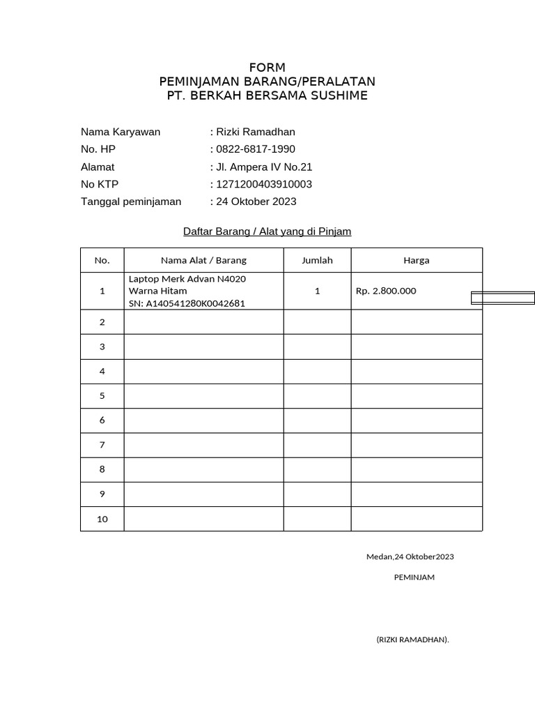 Form Peminjaman Barang | PDF