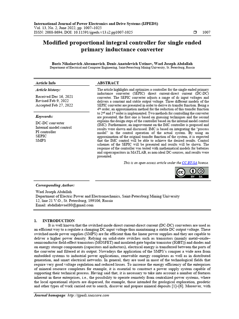 Modified Proportional Integral Controller For Single Ended Primary Inductance Converter Pdf