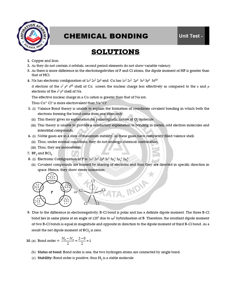 CHemical Bonding - ISC 11th Chemistry - Self Assessment | PDF