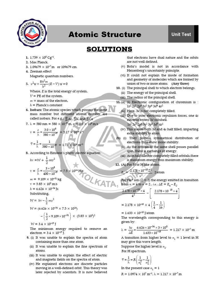 Atomic Structure - ISC 11th Chemistry - Self Assessment | PDF