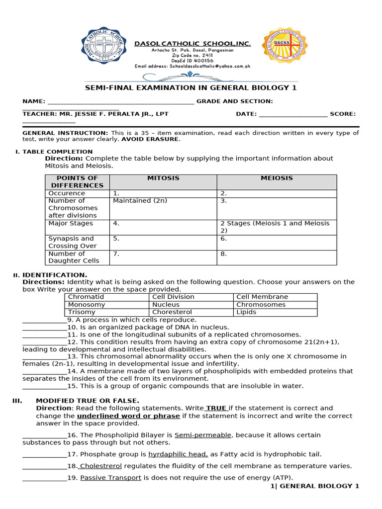 Gen Bio 1 TQS With Tos Semi Final | PDF | Cell Membrane | Self-Improvement