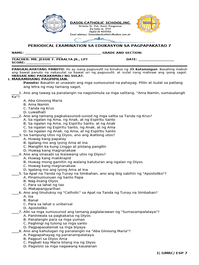 Esp 7 Q1 TQS With Tos Periodical Examination | PDF