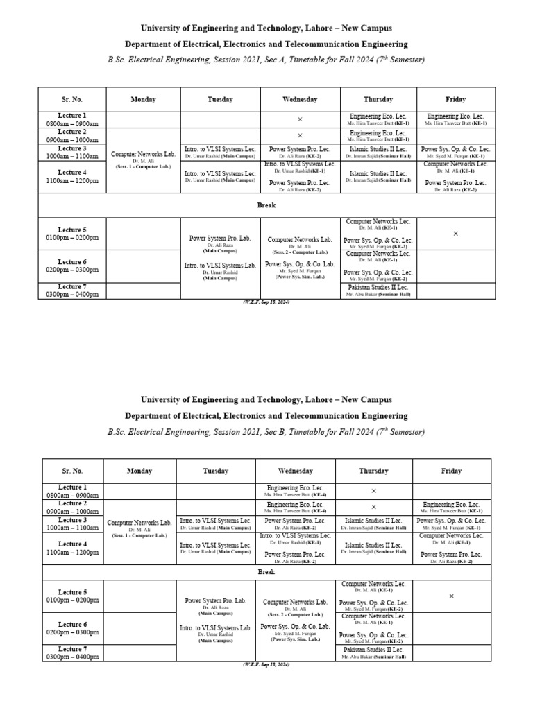 Fall 2024 - Time Tables For EE (WEF Sep 18, 24) | PDF