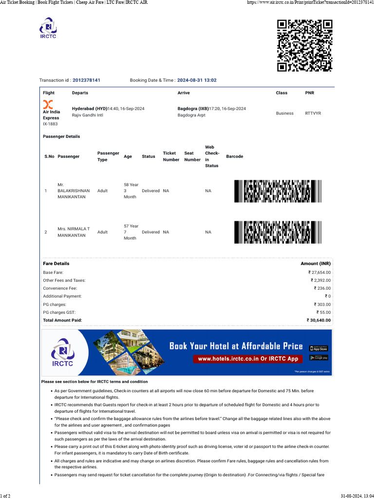 Hyd Bagdogra 16 Sep 24 Business-Air | PDF